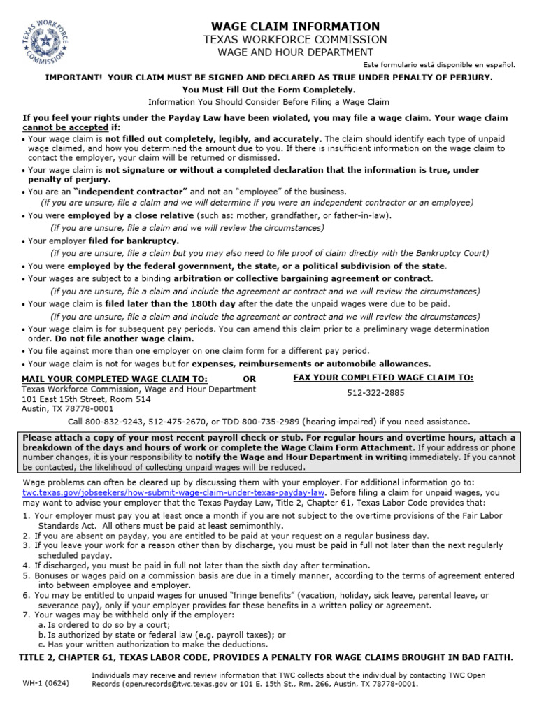 Wh 1 Wage Claim Twc 7.9.2024 | PDF | Employment | Wage