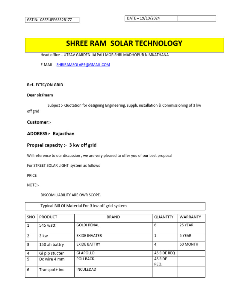 Quotation for 3kW Off-Grid Solar System | PDF