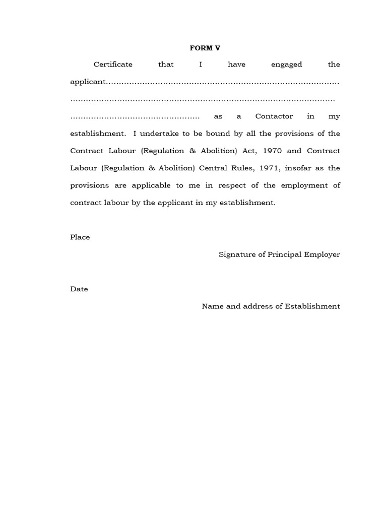 Permission For Engaging Contractor For Labour - FormV | PDF