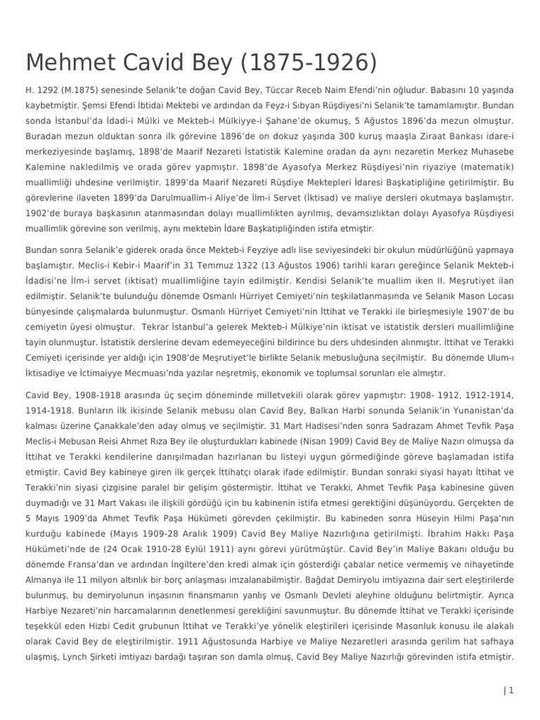 Mehmet Cavid Bey (1875-1926) - Atatürk Ansiklopedisi | PDF