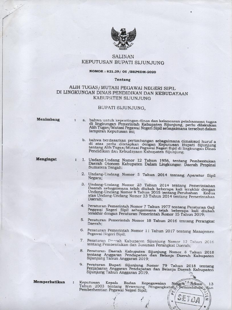 SK Mutasi Evi Delvita Di SMPN 8 SJJ | PDF