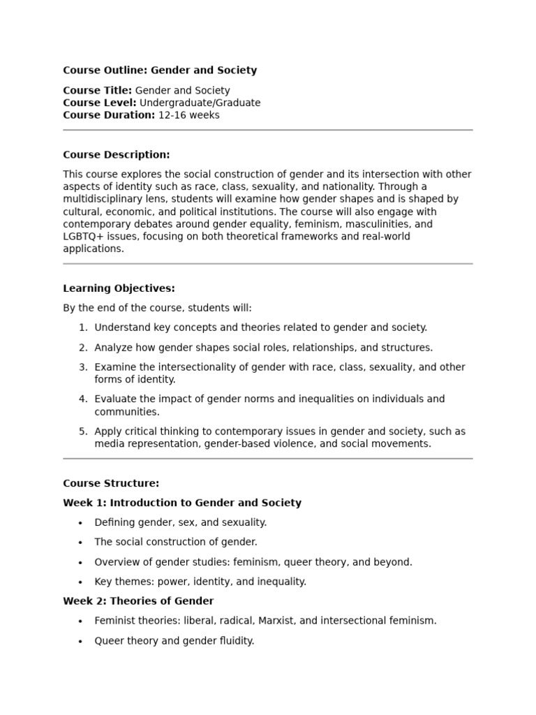Gender and Society Course Outline | PDF | Gender | Gender Studies