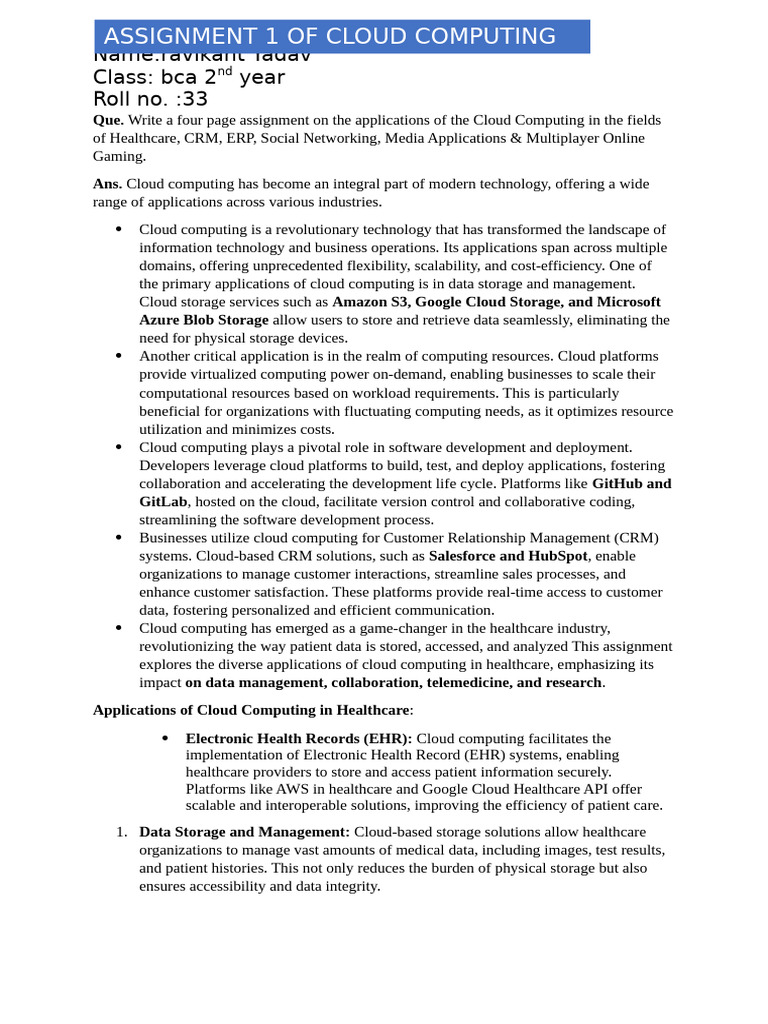 assignment of cloud computing | PDF | Cloud Computing | Electronic Health Record