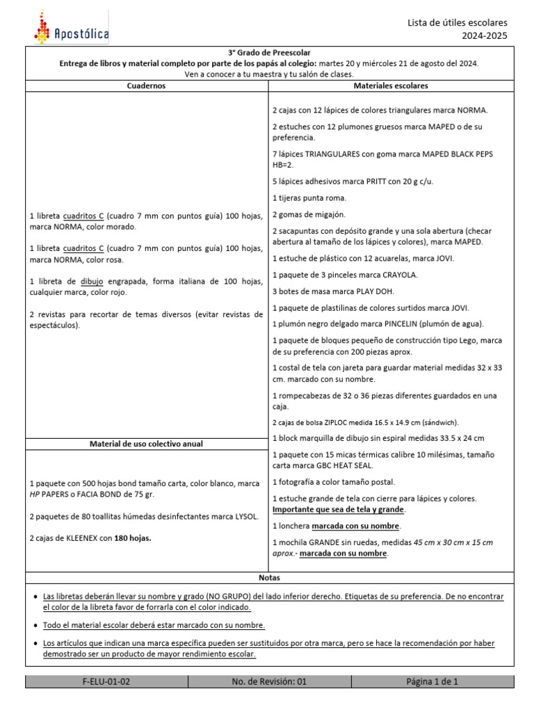 Lista Útiles Escolares Preescolar 2024 | PDF | Implementos de escritura ...