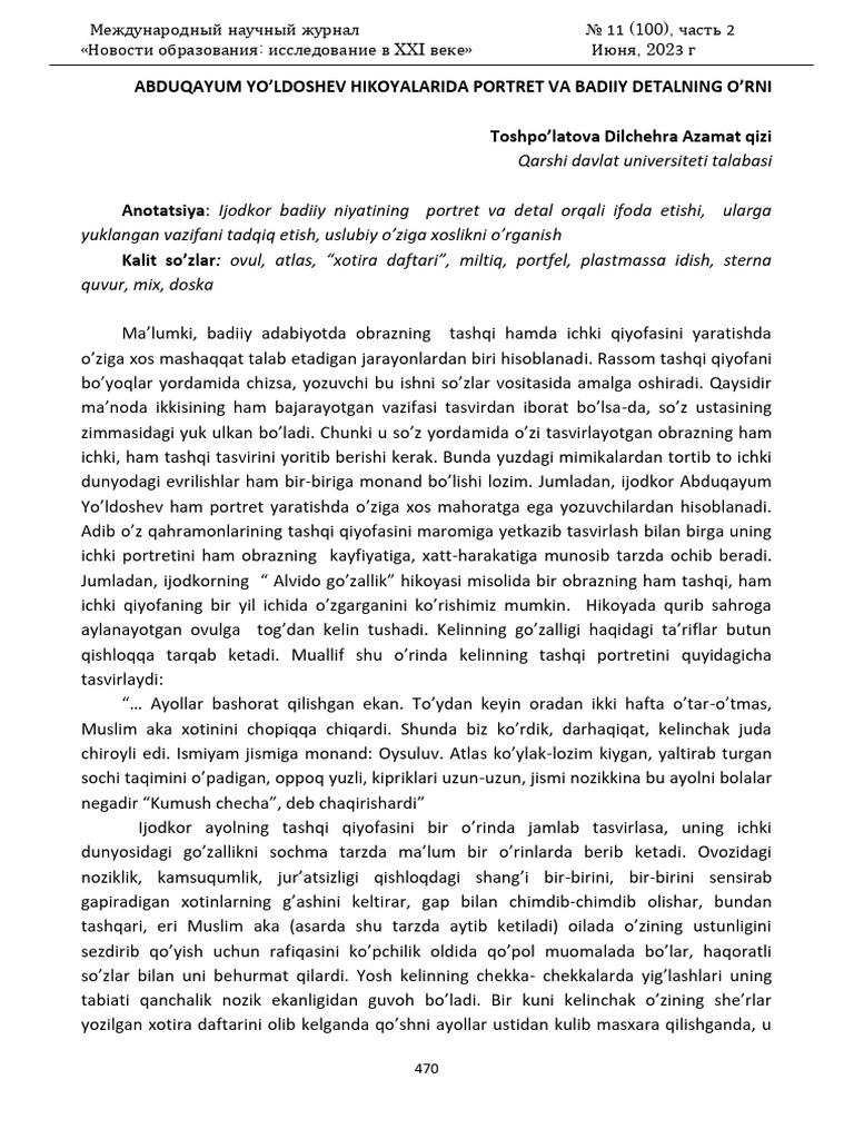 Toshpo'latova Dilchehra Azamat Qizi | PDF
