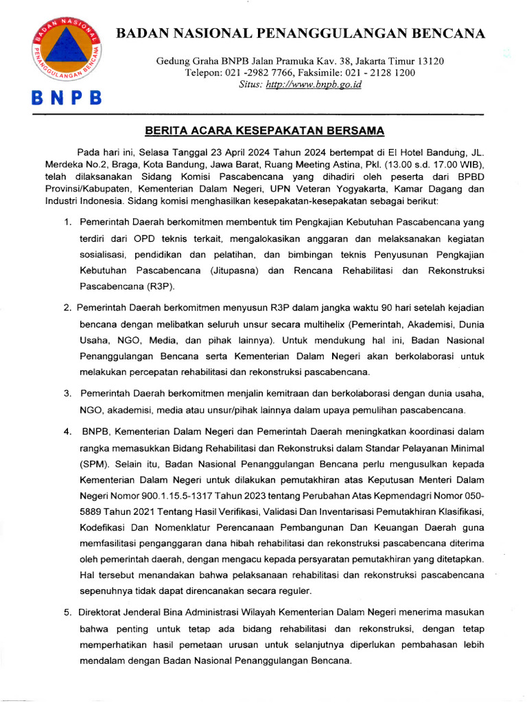 Berita Acara Sidkom 4 - Pascabencana - Rakornas 23 April 2024 | PDF
