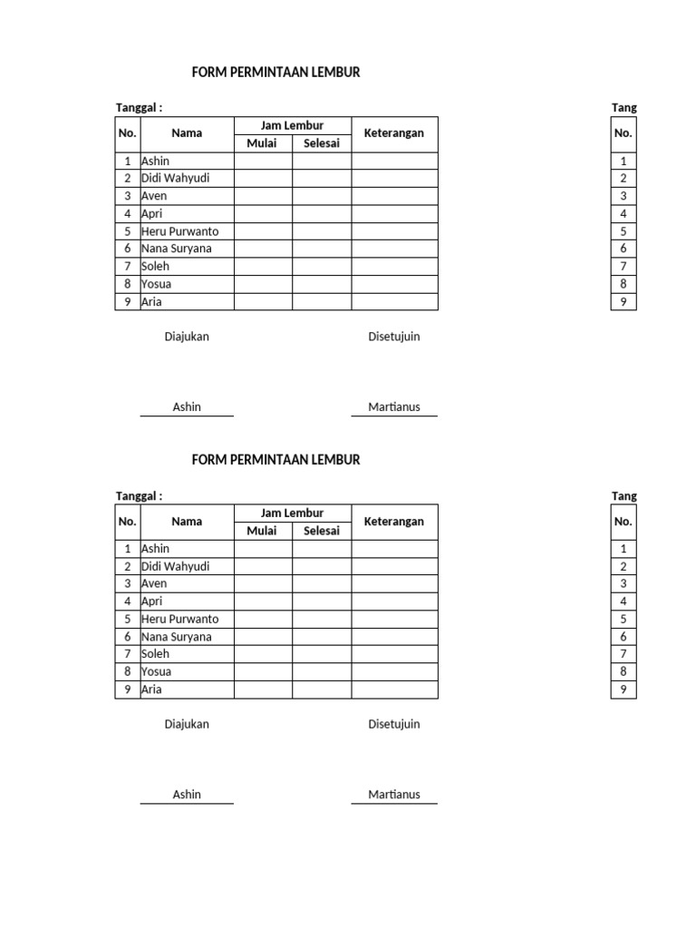 Form Permintaan Lembur Karyawan | PDF
