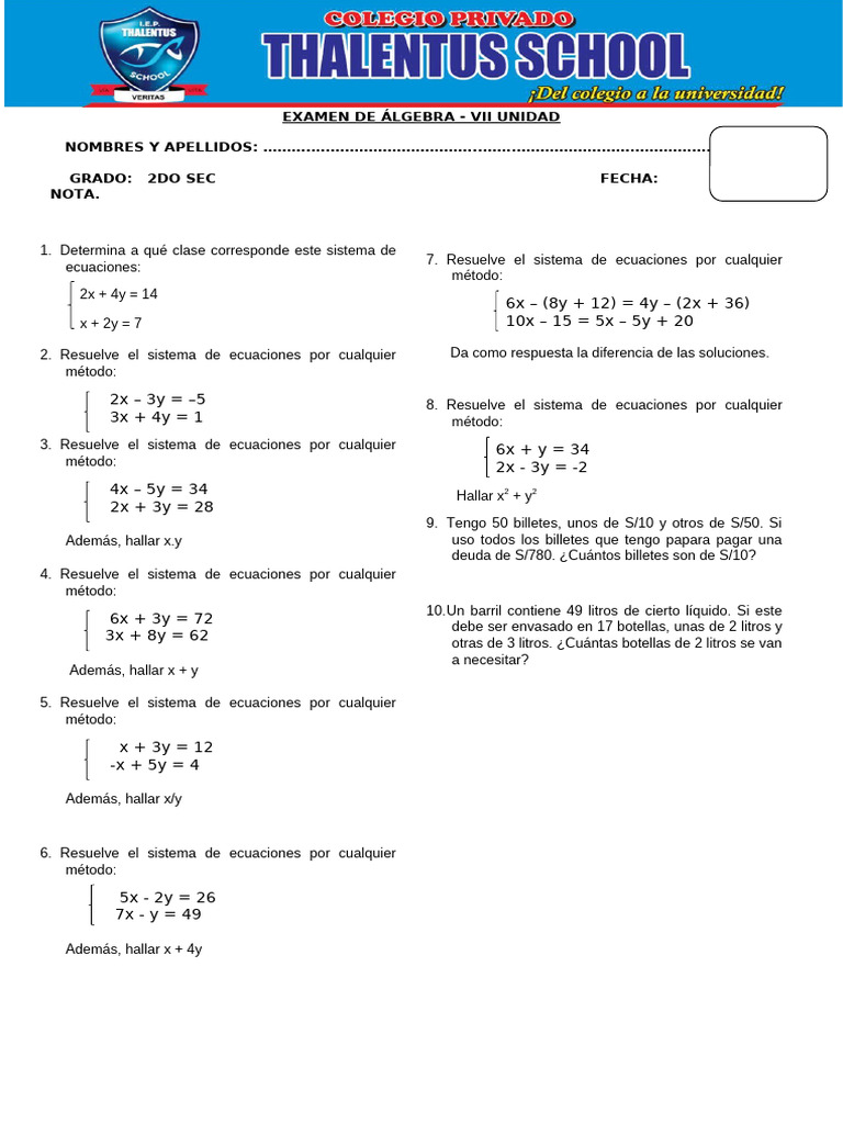 Examen de Álgebra (2do Sec) | PDF