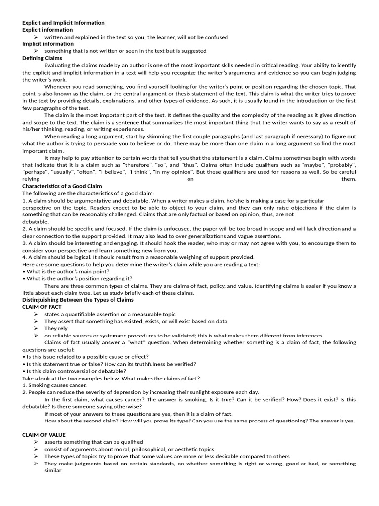 Explicit and Implicit Information | PDF | Argument | Cognition