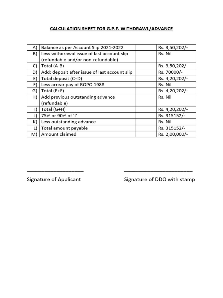 GPF Withdrawal Calculation Sheet | PDF