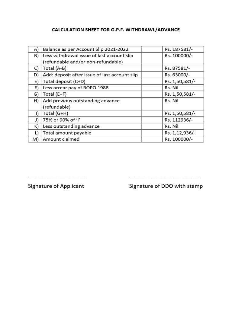 CALCULATION SHEET FOR GPF | PDF