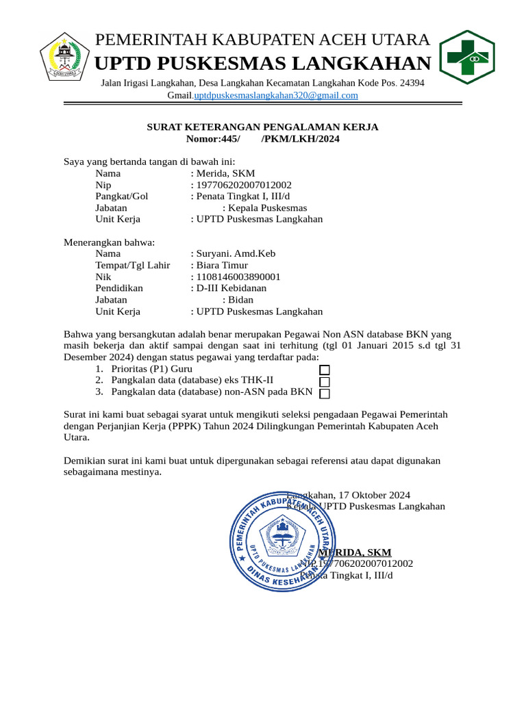 SURAT KETERANGAN PENGALAMAN KERJA Suryani. Amd - Keb | PDF