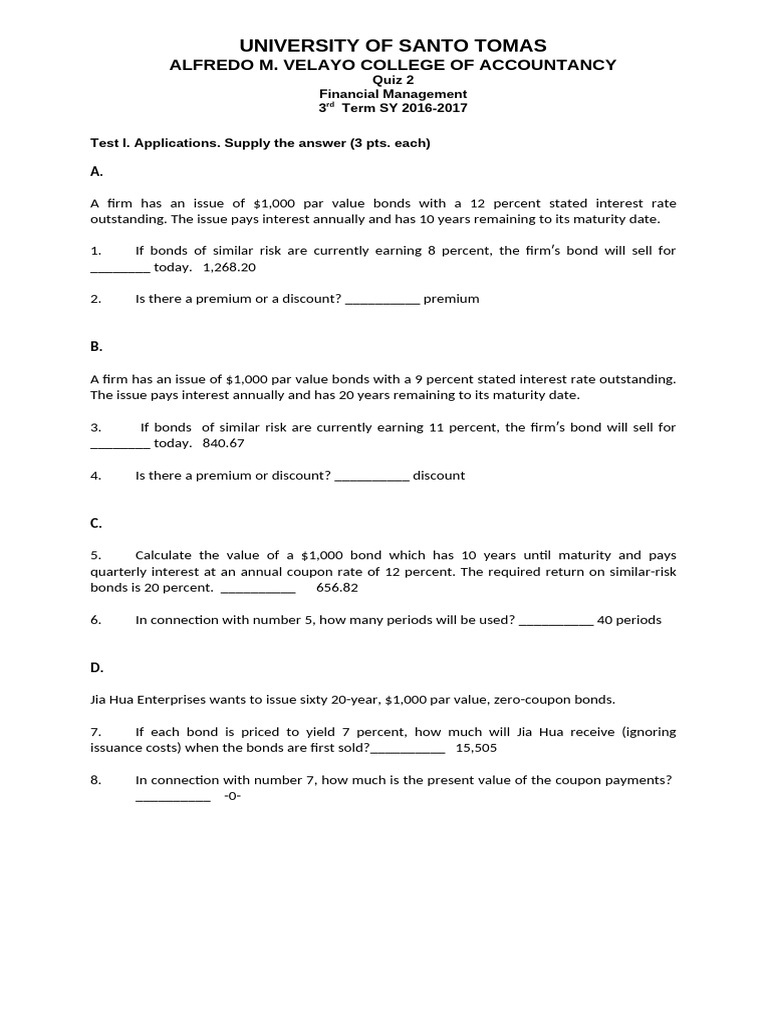 (FINMAN) Q3 Sample Problems | PDF | Bonds (Finance) | Financial Risk