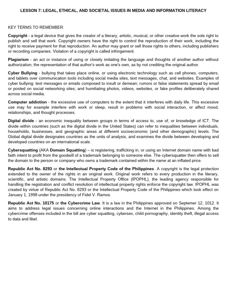 Lesson 7 - LEGAL, ETHICAL AND SOCIETAL ISSUES IN MEDIA AND INFORMATION ...