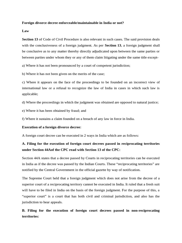Foreign Divorce Decree Enforceable in India or Not | PDF | Jurisdiction ...