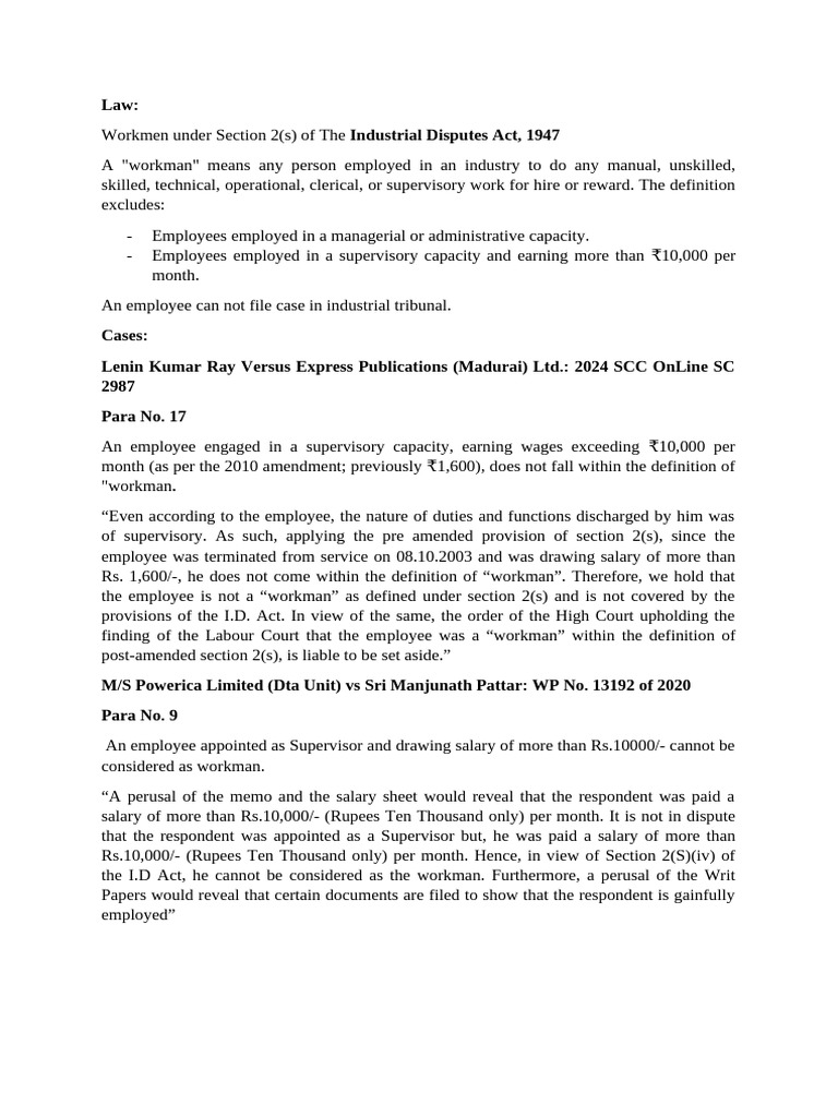 Workman Definition Under ID Act 1947 | PDF