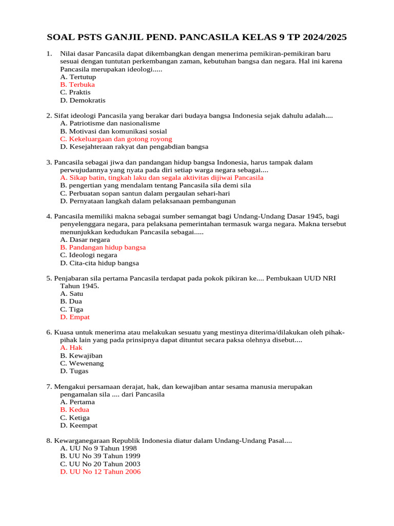 Soal PSTS Ganjil PPKN 2024 | PDF