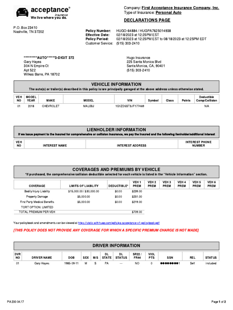 Hugo Insurance Declarations 2 | PDF | Insurance | Deductible