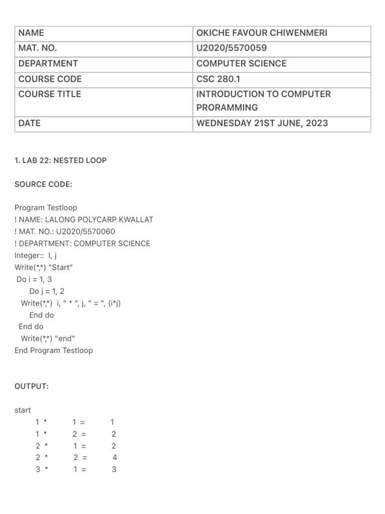 Lab 22: Nested Loop | PDF