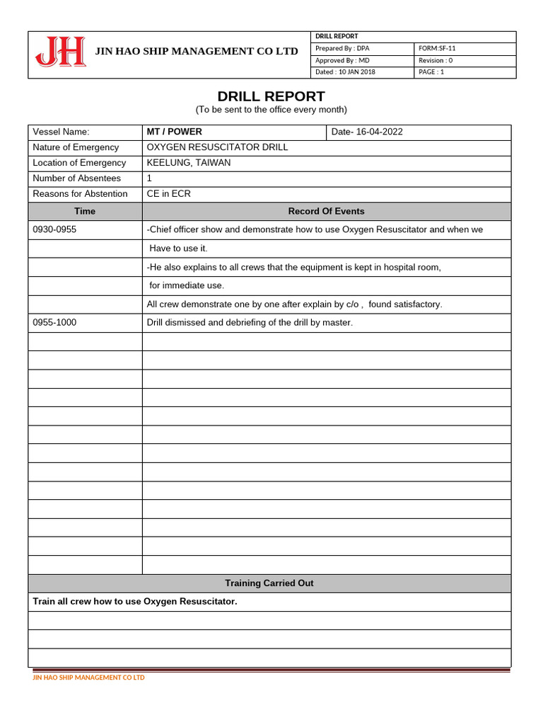 Monthly Oxygen Resuscitator Drill Report | PDF | Water Transport | Shipping