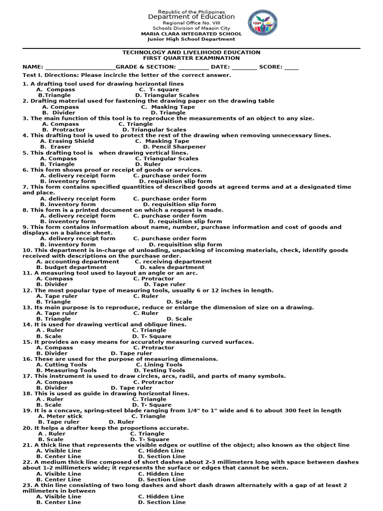 1st Quarter exam in TLE 8- Drafting | PDF | Triangle | Tools