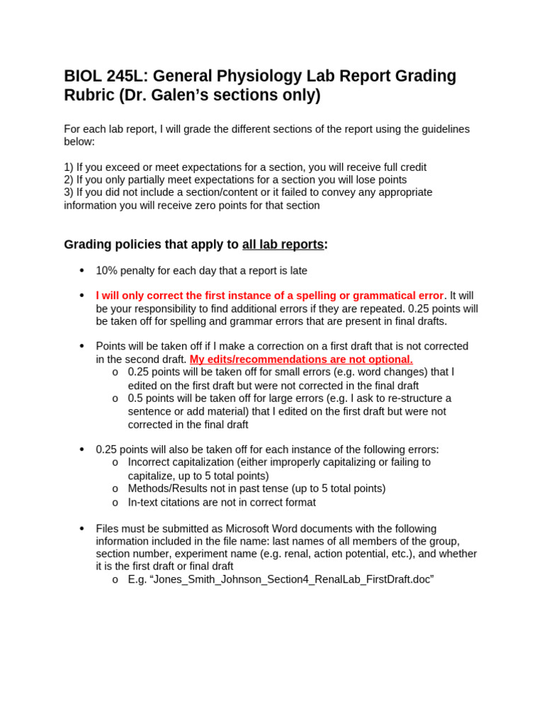DR Galen Lab Report Rubric Fall2024 | PDF | Experiment | Data