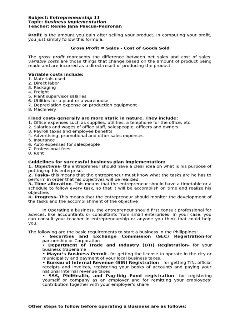 Business Implementation | PDF | Bookkeeping | Cost Of Goods Sold