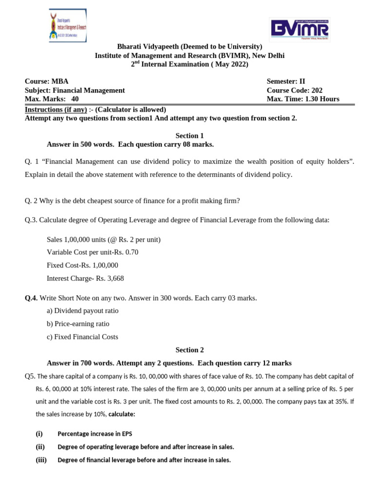 2nd internal fm | PDF | Dividend | Capital Structure