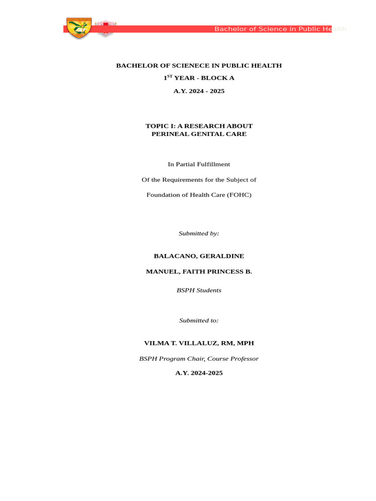 PERINEAL GENITAL CARE ( FOHC RESEARCH) | PDF | Hygiene | Urinary Tract ...