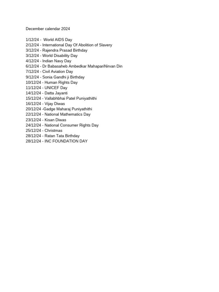 December 2024 Important Days Calendar | PDF