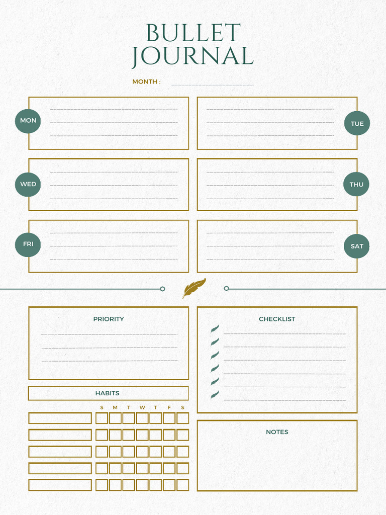 Green Gold Elegant Modern Flower Watercolor Bullet Journal | PDF