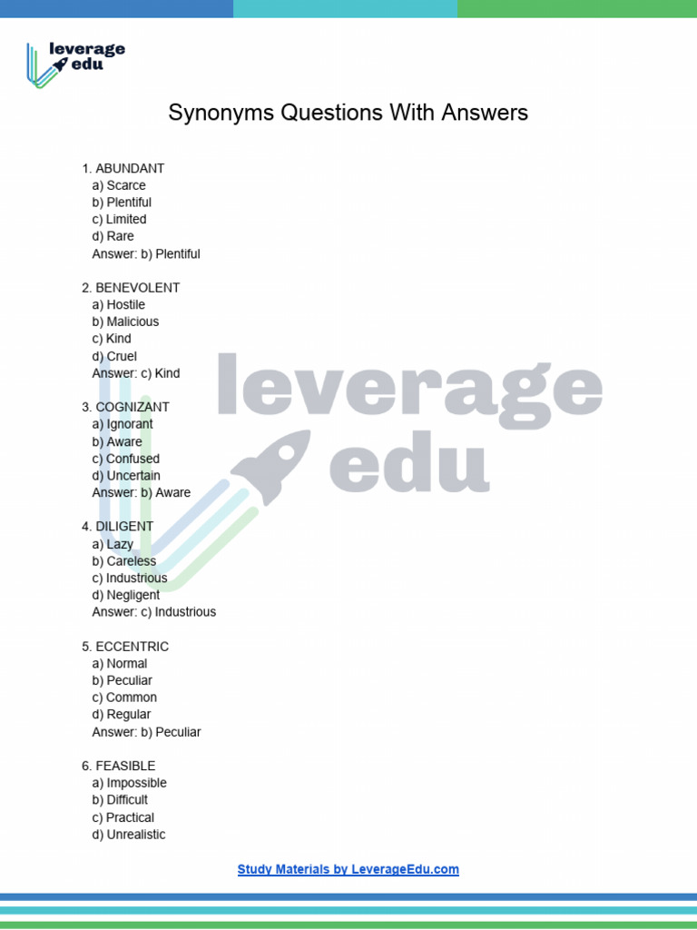 Synonyms Questions With Answers PDF | PDF | Emotions