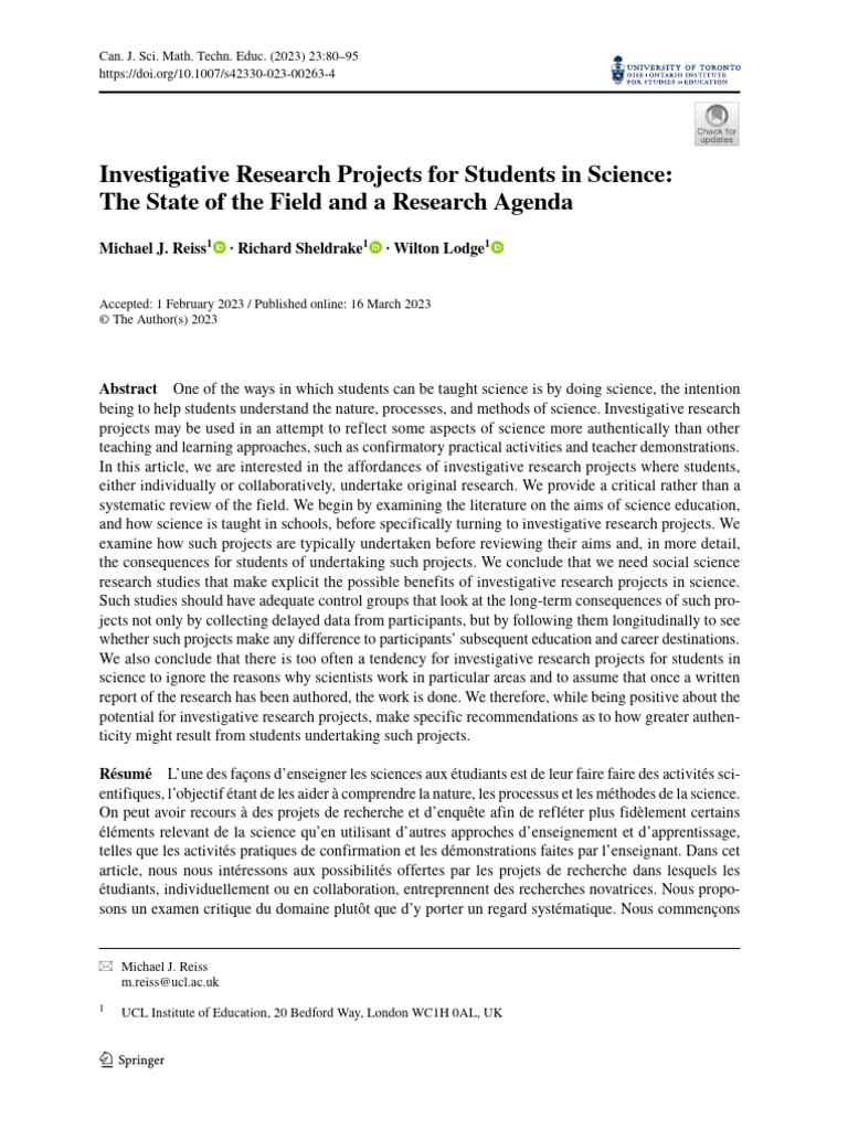 Investigative Research Projects For Students in Science: The State of The Field and A Research ...