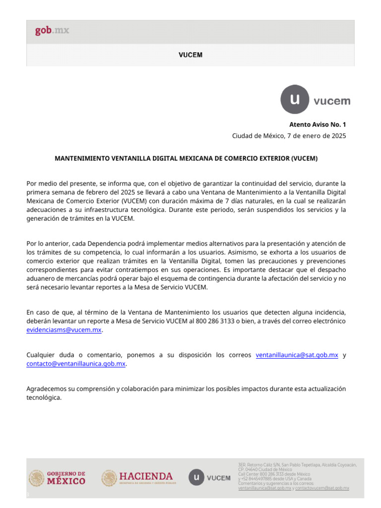 Atento Aviso No. 1 - VUCEM - MANTENIMIENTO VENTANILLA DIGITAL MEXICANA ...