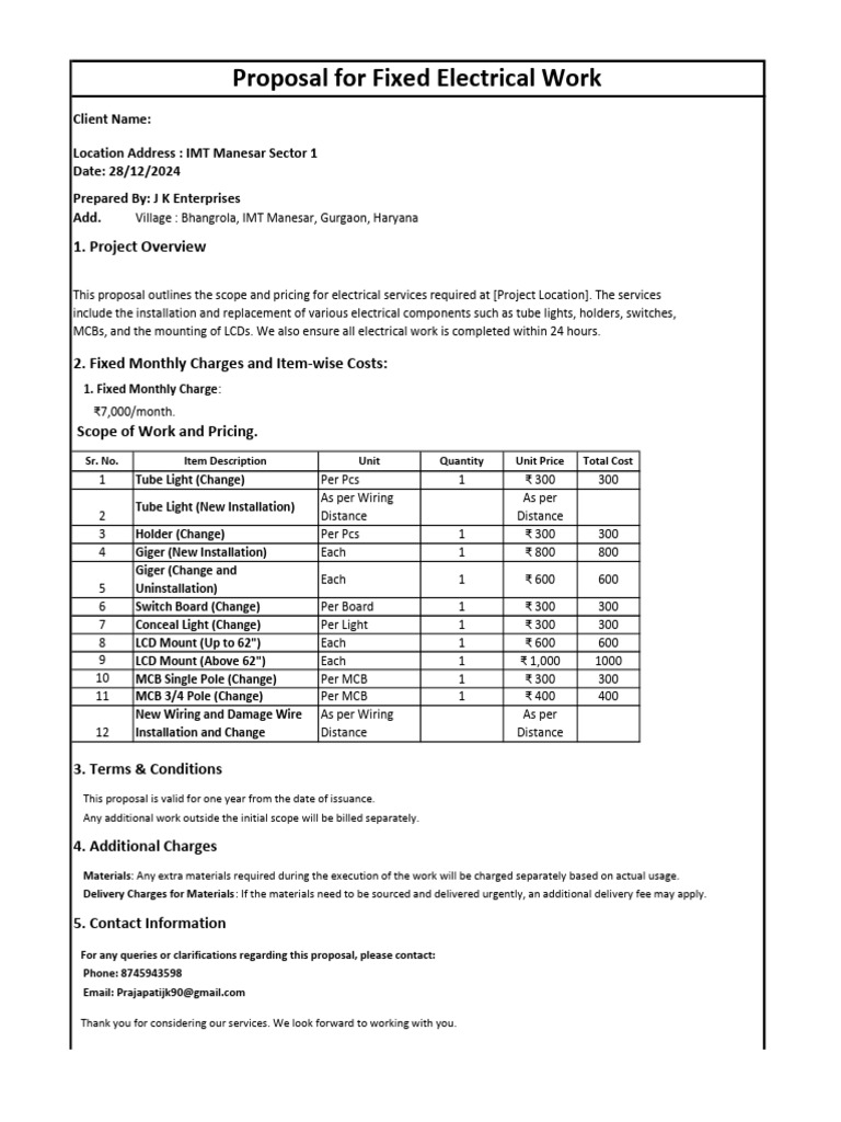 Electrical Work Pricing Proposal 2024 | PDF | Electrical Engineering ...