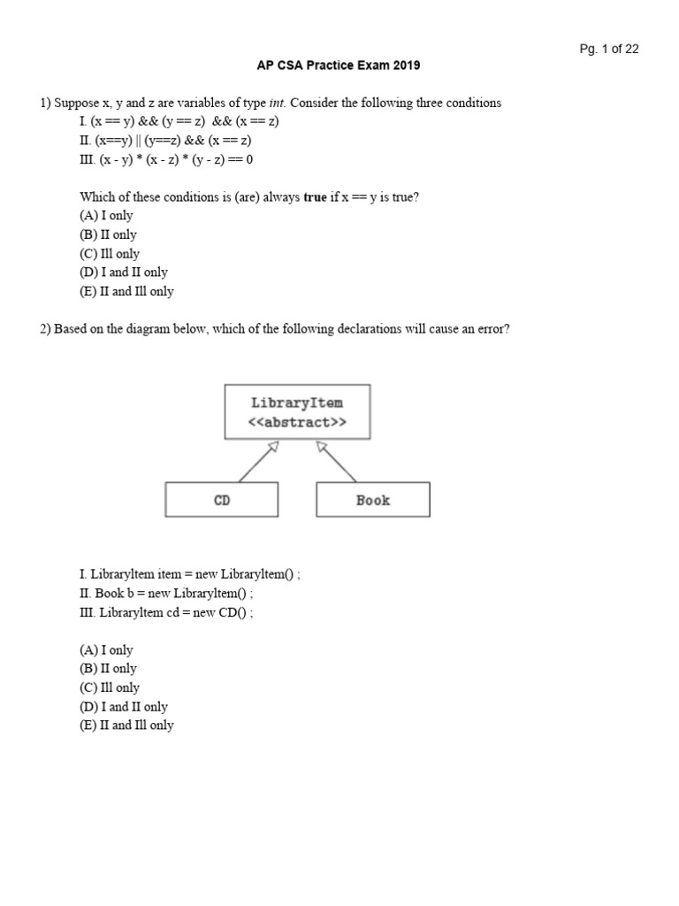 2019 APCSA模拟题选择题 | PDF | Inheritance (Object Oriented Programming ...