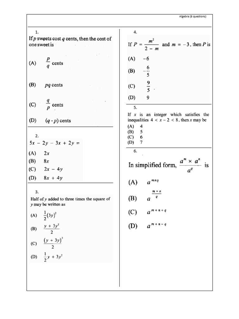 Algebra (Multiple Choice) | PDF