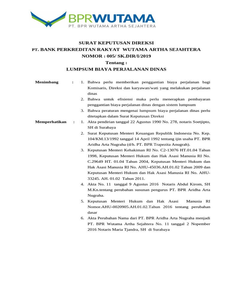 SK Lumpsum Biaya Perjalanan Dinas 2019 | PDF