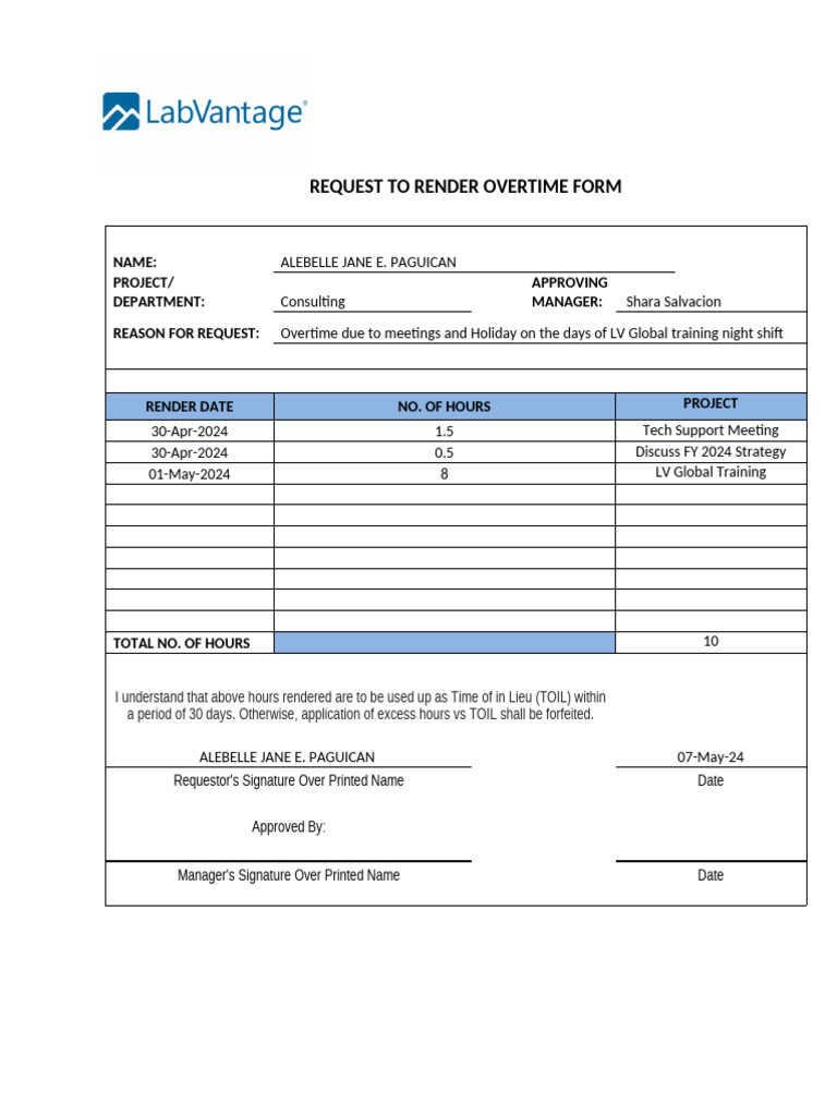 Lv Request to Render Overtime Form | PDF