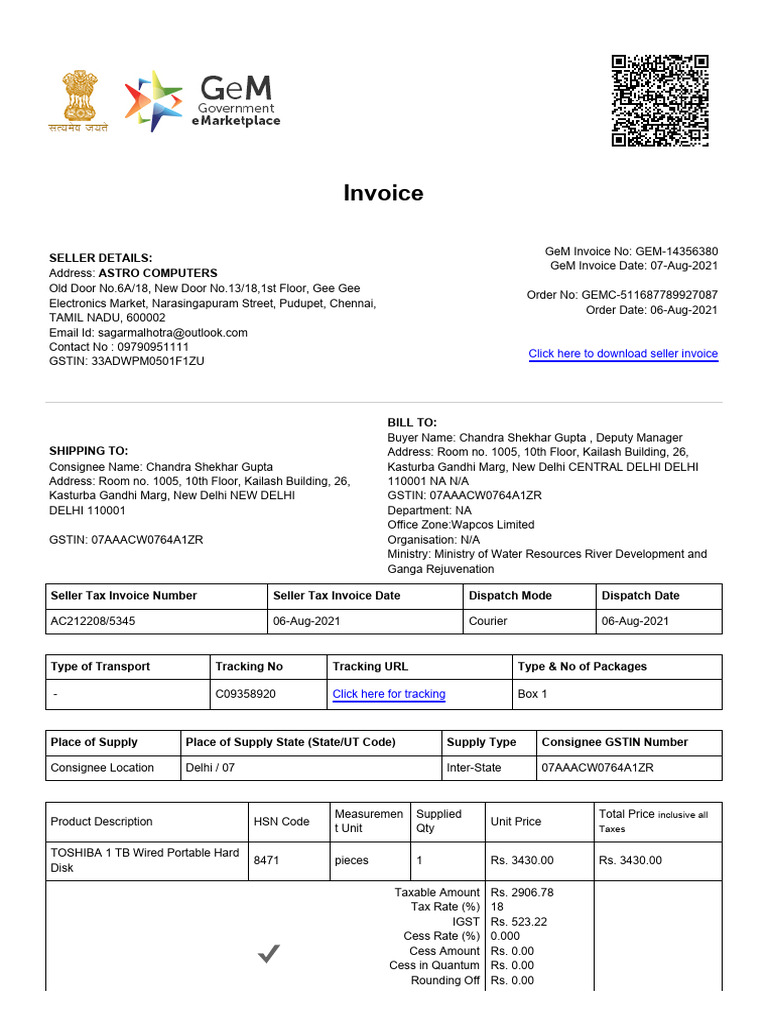 1 TB Hard Disk For BD Division | PDF | Invoice | Taxes