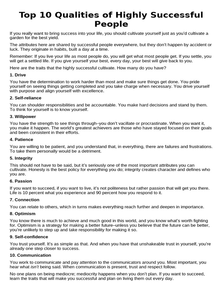 Top 10 Qualities of Highly Successful People | PDF | Disciplines ...
