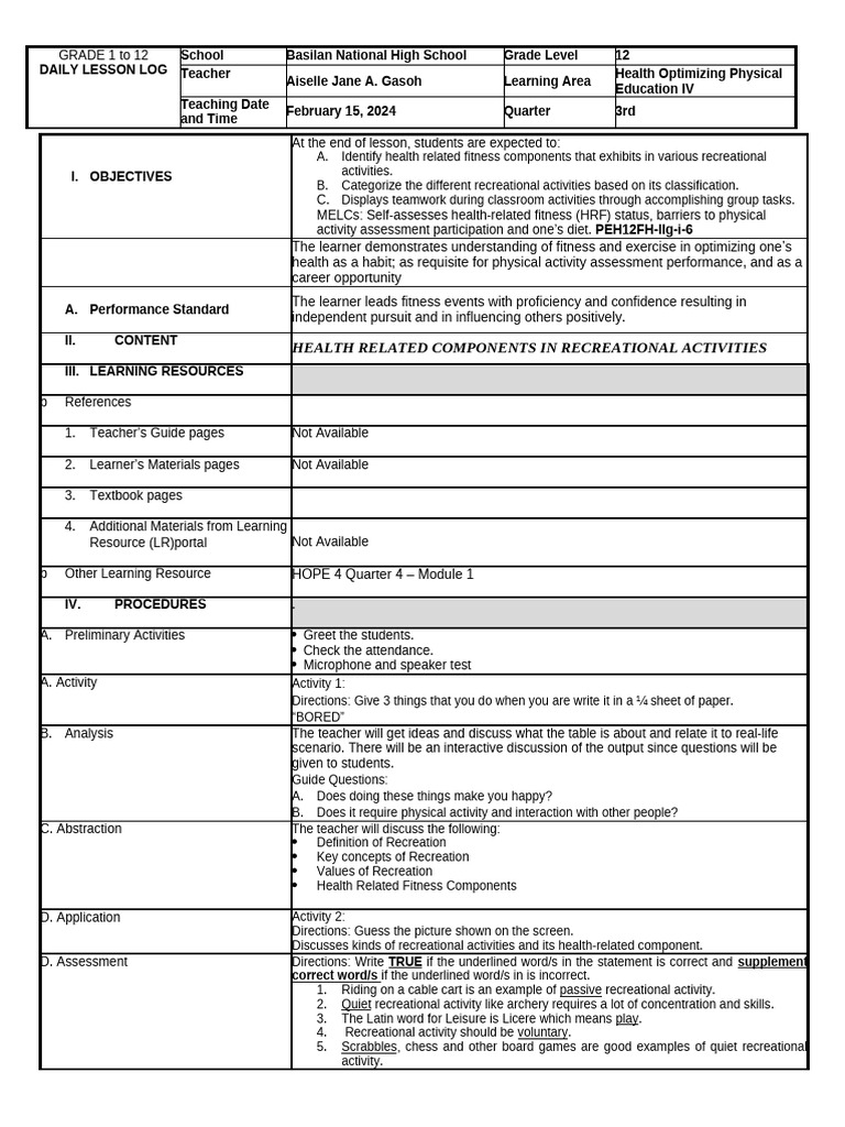 DLL - COT2 Recreational Activity | PDF | Learning | Teachers