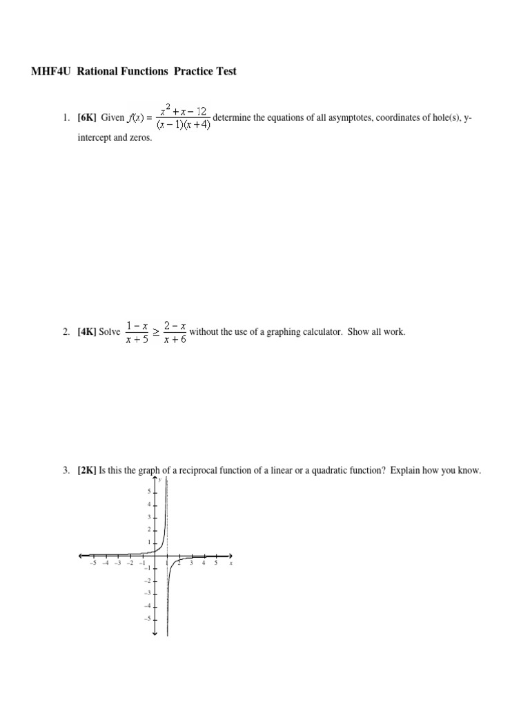 Rational Functions Practice Test Guide | PDF | Asymptote | Algebra