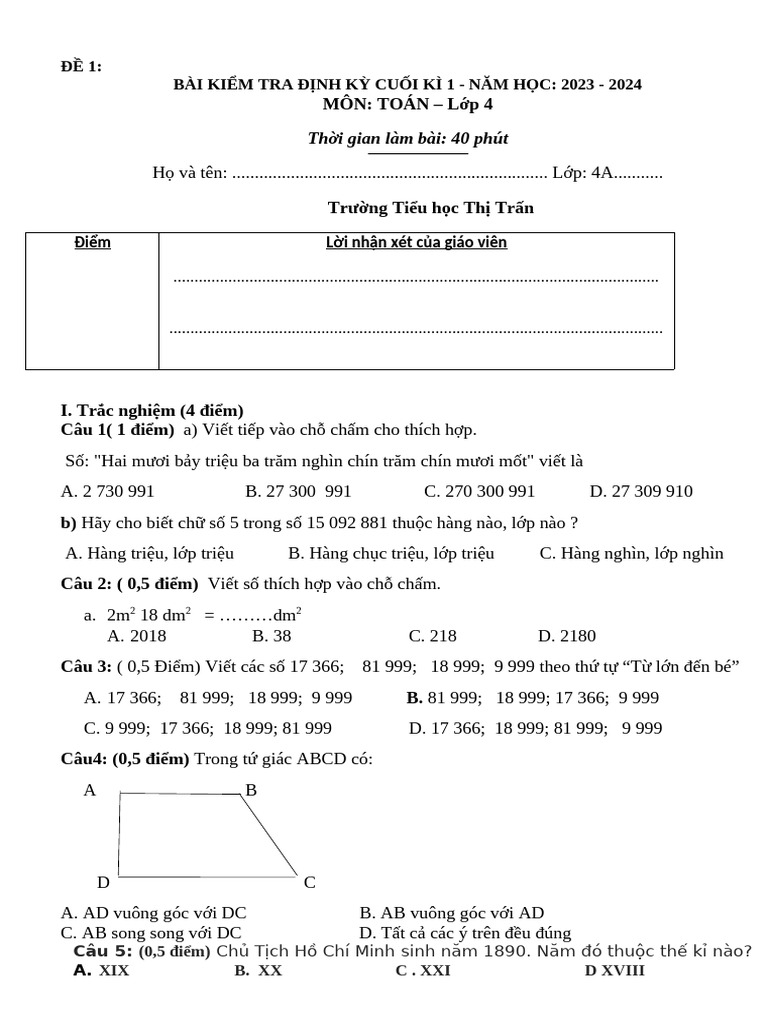 Toan 4de Kiem Tra Cuoi Ki i | PDF