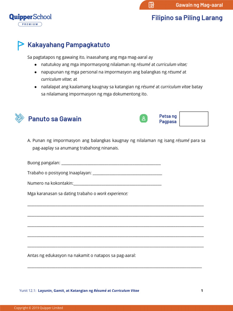 AW2 - FPL 11 - 12 Q2 1201 - Layunin, Gamit, at Katangian NG Resume at Curriculum Vitae | PDF