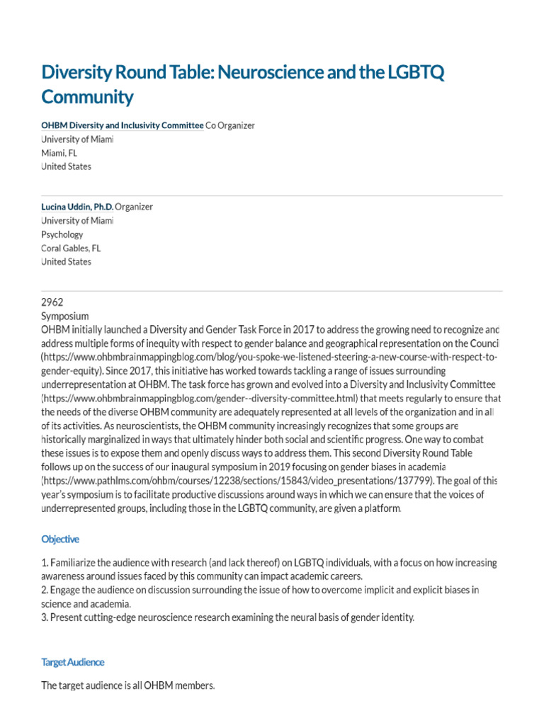 OHBM Diversity Round Table Neuroscience and The LGBTQ Community | PDF