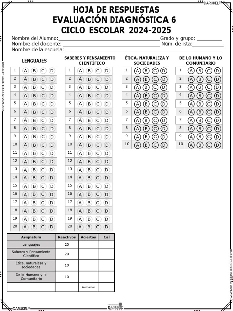 6° Hoja de Respuestas Evaluación Diagnóstica Darukel 2024-2025 | PDF