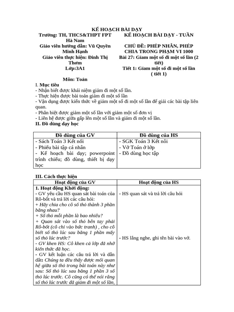 KẾ HOẠCH BÀI DẠY TOÁN 3 LỚP 3A1 | PDF