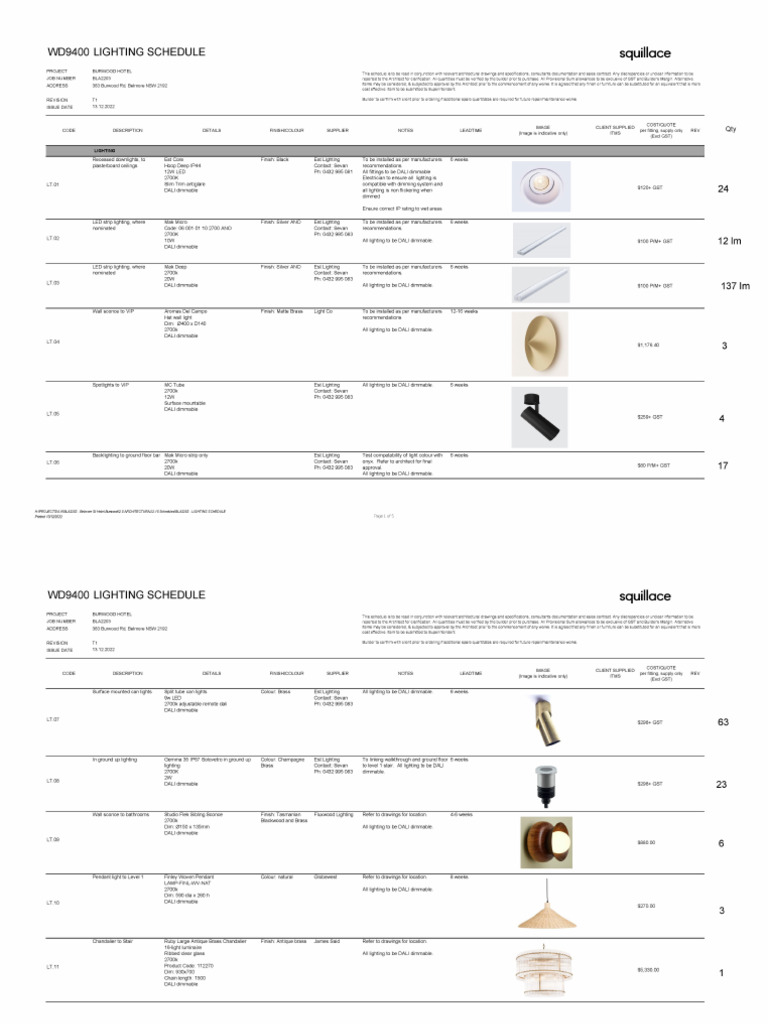WD9400 Lighting Schedule | PDF