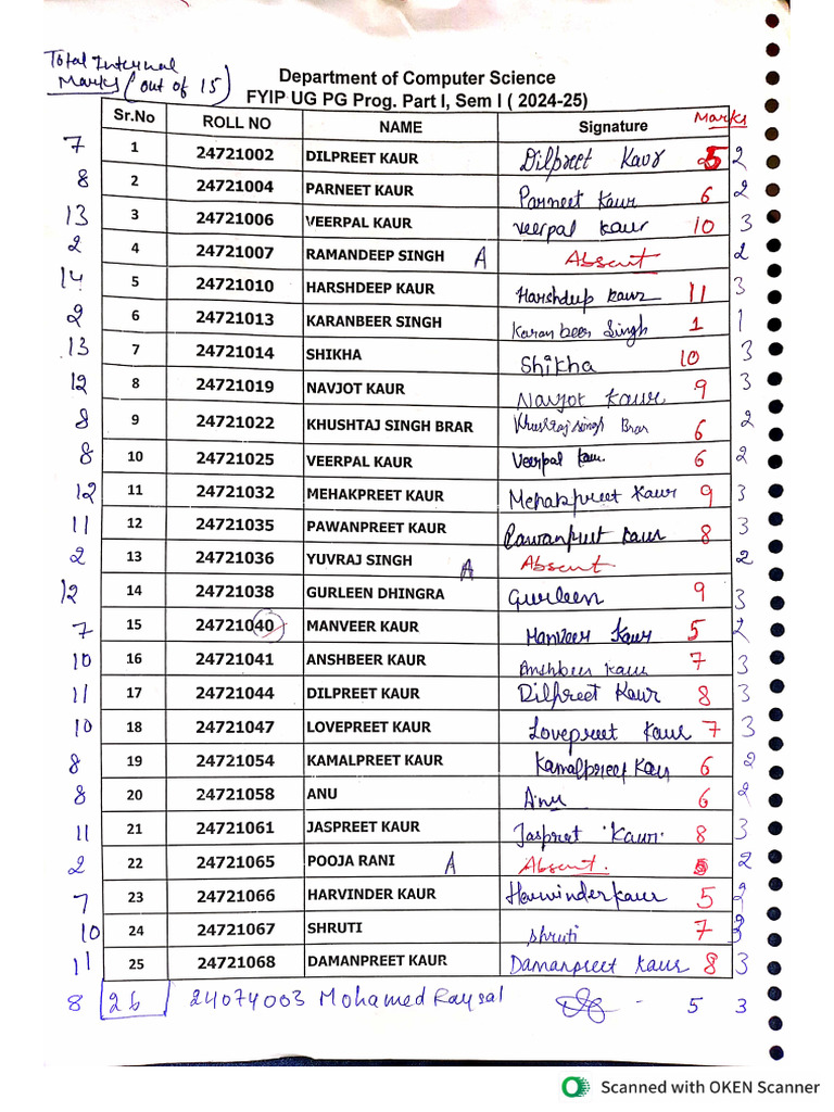 FYIP 1st Sem Internal and External Mark List | PDF